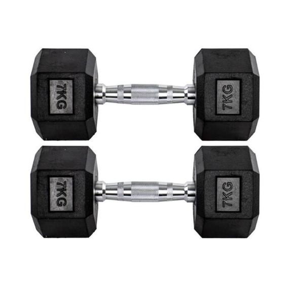 Par Halteres 7kg + 7kg Dumbbell Sextavado Emborrachado Pegada Cromada Gallant (GDb07F3B-Pt ...