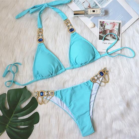 Para Praia Sexy 2022 Strass Bikini Push Up Banho Feminino Corrente Maiô