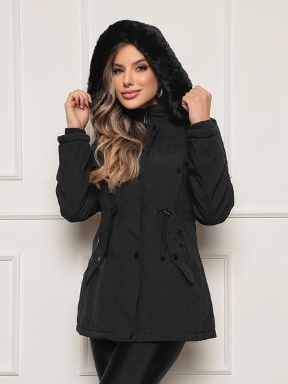 Parka Feminina Capuz Pelo Botão Bolso Zíper Cintura Cordão Inverno ...