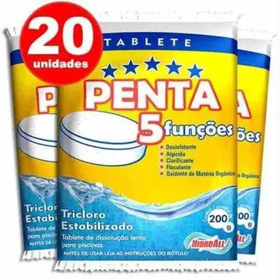 Pastilha de Cloro p/ Piscina Hidroall HCL Penta 5 funções 200g - c/ 20 ...