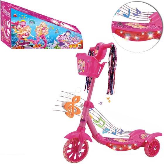 PATINETE SAFIRA PRINCESA COM 3 RODAS E CESTINHA + SOM E LUZ A PILHA ...