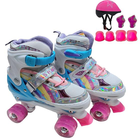 Patins Infantil 4 Rodas ARCO IRIS Com Led Com Kit Proteção Menina ...