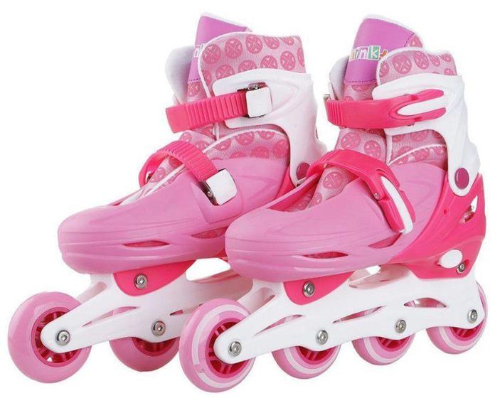 Patins infantil 4 Rodas IN LINE com Kit Proteção Tamanho 32-35 ROSA ...