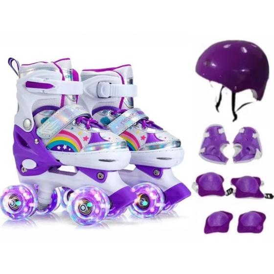Patins Infantil De 4 Rodas Roxo arco-iris Com Led Patins Menina Criança ...