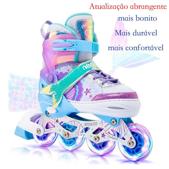 Patins Infantil Roller Inline Roxo Sereia Ajustável Com Luz De Led ...