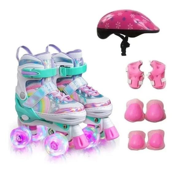 Patins Quad Ajustável Arco-íris Rodinhas Led + Kit Proteção: Cor Verde ...