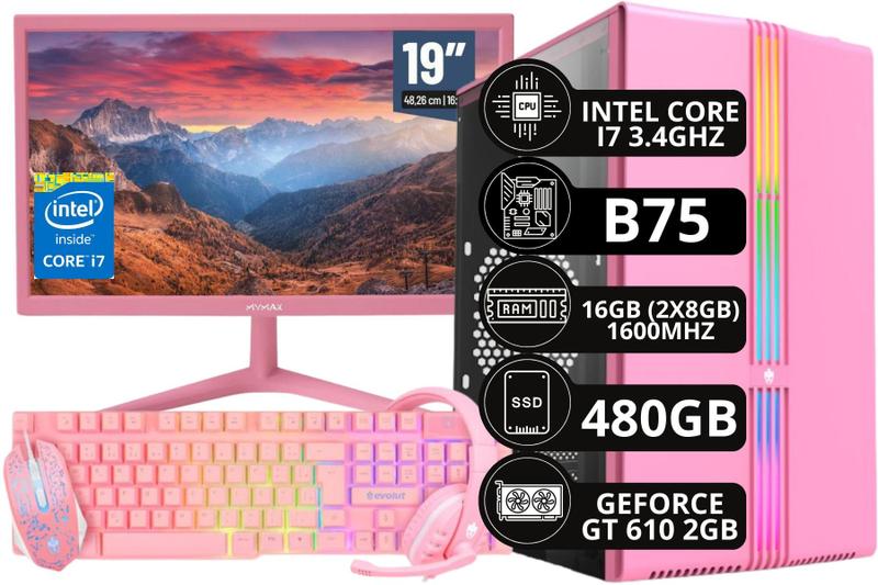 Pc Gamer Completo Rosa I7 16GB SSD 480GB GT610 + Monitor Rosa + Kit ...