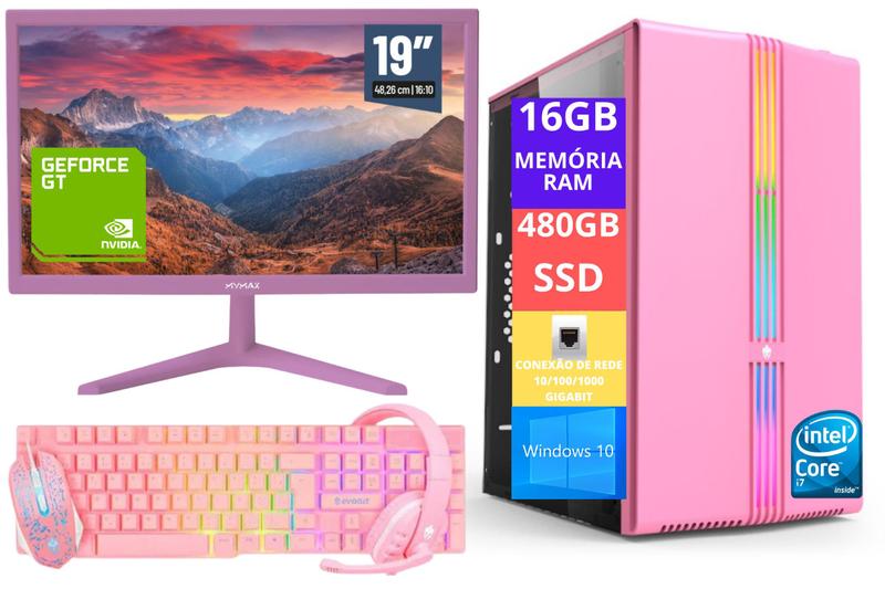 Pc Gamer Completo Rosa I7 16GB SSD 480gb GT710 + Monitor 19" + Kit ...