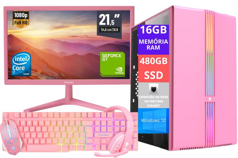 Pc Gamer Completo Rosa I7 16GB SSD 480gb GT710 + Monitor 21,5" + Kit ...