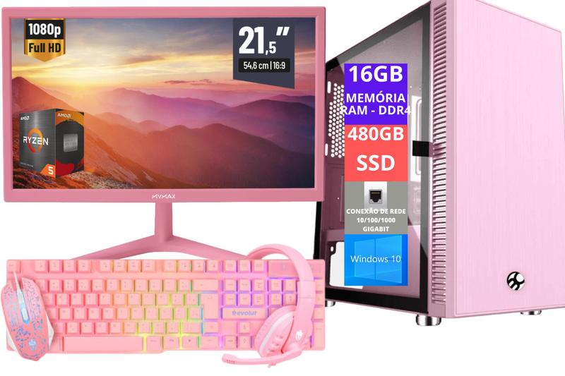 PC Gamer Completo Rosa Ryzen 5 5600G 16 GB 480 GB Vega 7 Monitor 21,5 ...