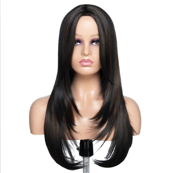 Peruca ELOAH Lisa Ondulada 70 cm Castanha Escura Com Mechas Ruivas ...