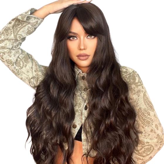 Peruca Ondulada Com franja orgânica 70cm Fibra futura Preta - GM HAIR ...