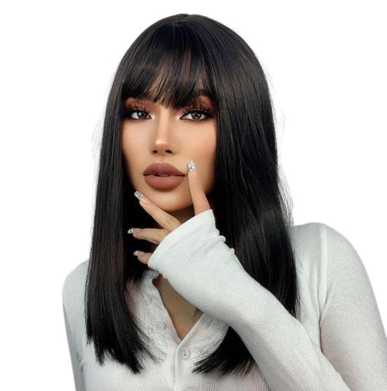 Peruca orgânica lisa com franja 50cm Preta - GM HAIR - Peruca e Lace ...