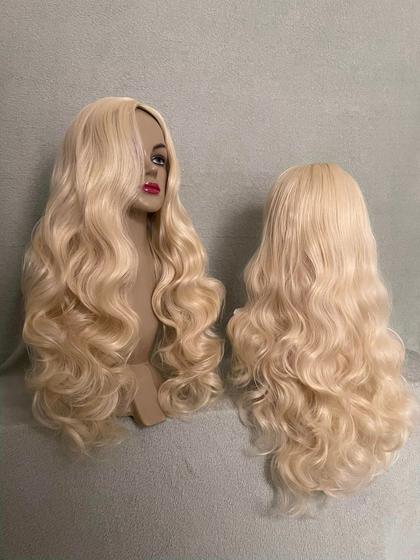 Peruca wig loira platinada ondulada cacheada 70cm fibra premium ...