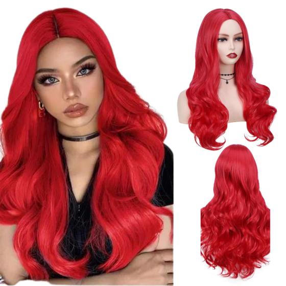 Peruca Wig Vermelha Ruiva Ondulada sem Franja Fibra Orgânica Idêntico ...