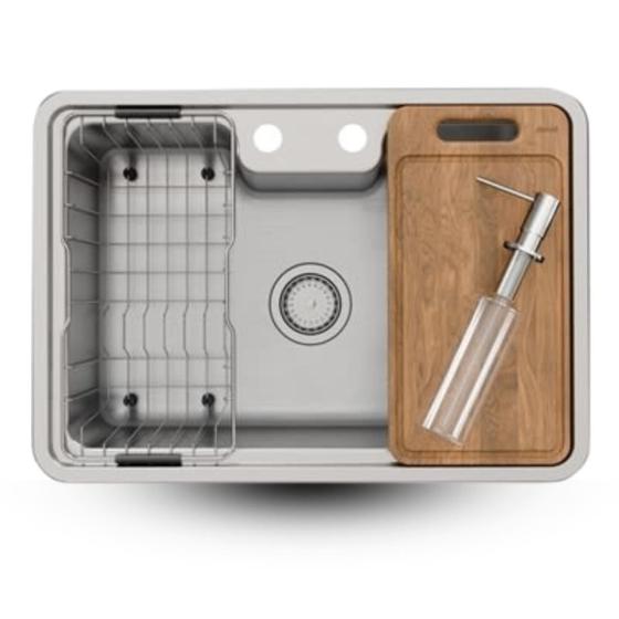 Pia Cuba de Sobrepor ou Embutir Inox 68x48 com Cesto Aramado e Tabua de ...