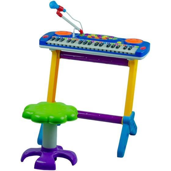 Piano E Teclado Infantil 37 Teclas Com Microfone E Banquinho Azul ...