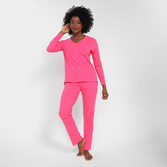 Pijama Longo Dooplex Ribana Canelado Feminino - Pijama Feminino ...