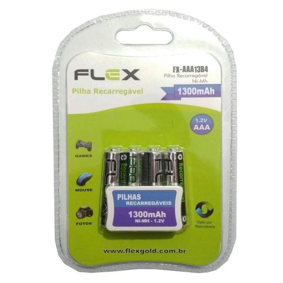 Pilha Recarregável Flex Aaa Palito 1300 mAh com 4 Unidades Nimh 1.2v no Blister FX-AAA13B4 ...