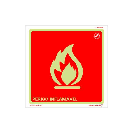 Placa de Sinalização Perigo Inflamável Fotoluminescente 20x20x0,1cm PVC ...