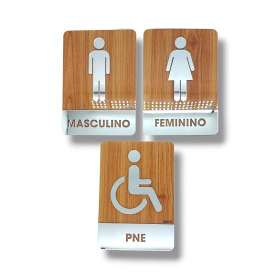 Placa Sinalização Banheiro 100% Acrílico Freijo e Prata M/F/PNE 3un ...