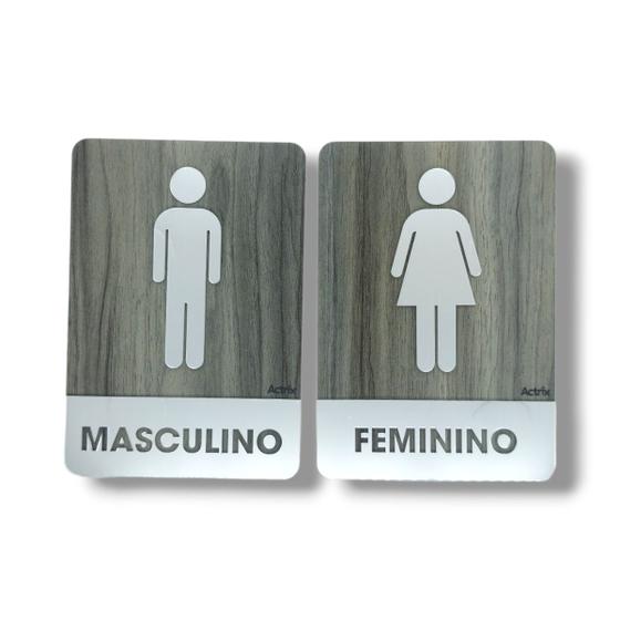 Placa Sinalização Banheiro 100% Acrílico Madeira Cinza e Prata M/F 2un ...
