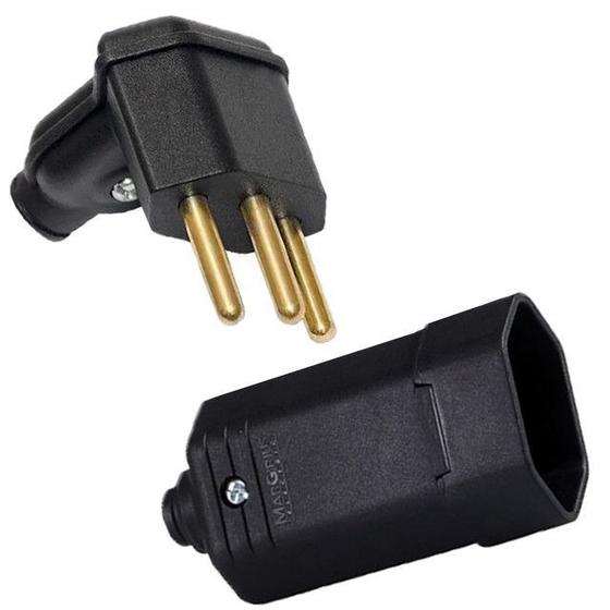 Plug Plugue Macho 90 Graus + Tomada Femea 3 Pinos 10a Preto - MARGIRIUS ...