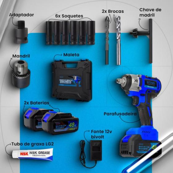 Pneumática Chave De Impacto 48v Furadeira Parafusadeira 2 Bateria 20000 ...