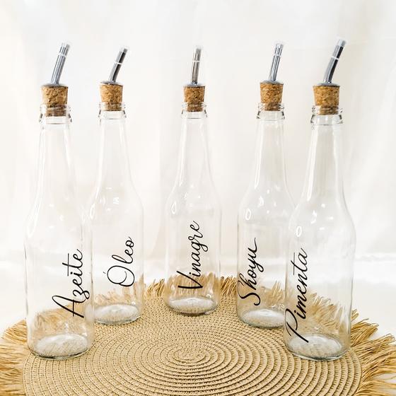 Porta Azeite, Óleo e Vinagre Frasco de Vidro 355ml com Bico Dosador Rolha + Adesivos - Houmi ...