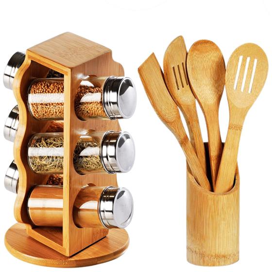 Porta Condimentos Giratório 6 Potes e Kit Utensílios 5 pçs Em Bambu ...