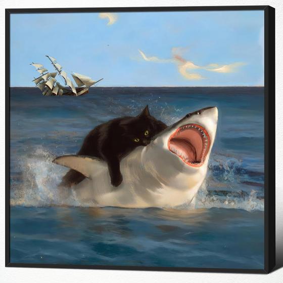 Pôster com arte de parede Fat Cat vs Shark Meme e Black Cat vs Octopus ...