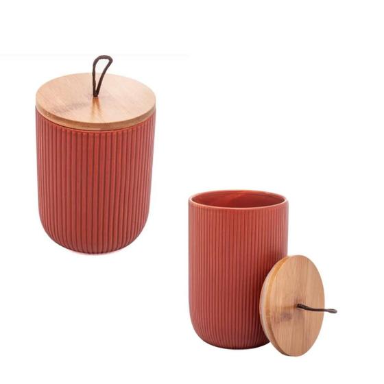 Pote De Ceramica Com Tampa Bambu Corda Lines 10x10cm Terracota - Lyor ...