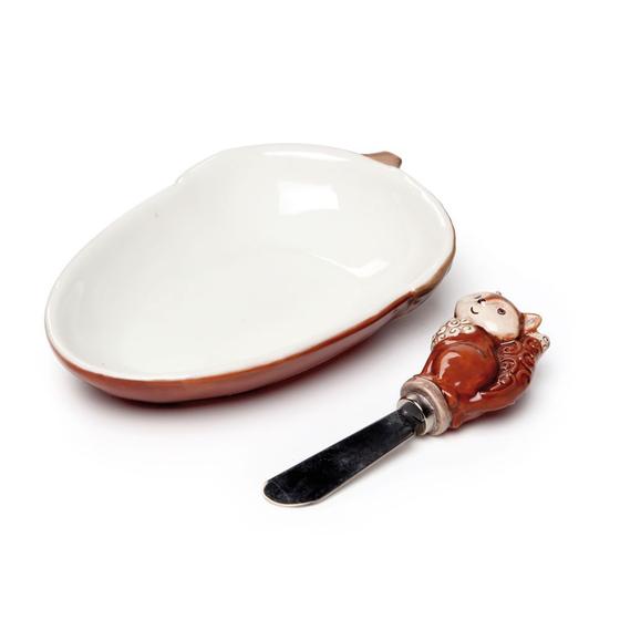 Prato De Cerâmica Em Formato De Pinha E Espátula Com Detalhe Esquilo ...