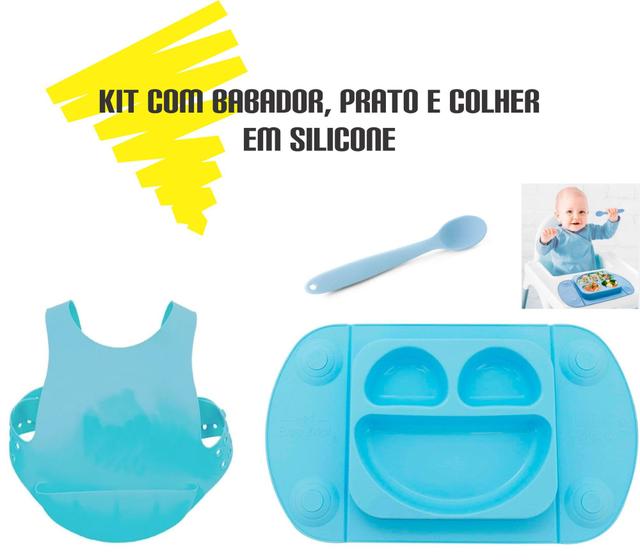 Prato De Silicone Para Bebe Com Ventosa + Colher + Babador - Azul ...