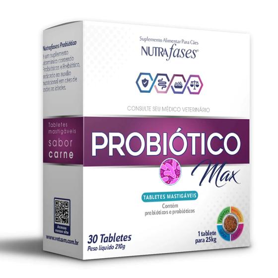 Probiótico MAX Nutrafases com 30 Tabletes para Cães acima de 25kg ...