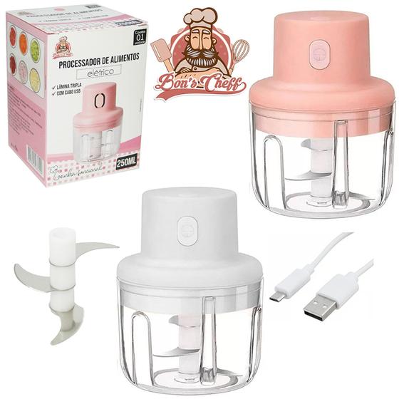 Processador de alimentos recarregavel com 3 laminas inox + cabo usb ...