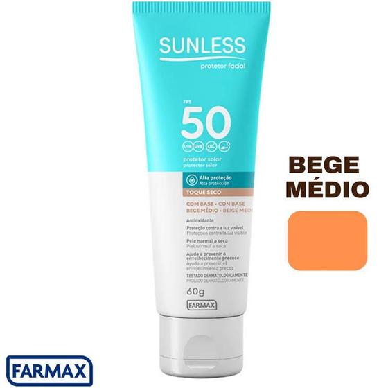 Protetor solar facial fps 50 sunless com base bege médio 60g - FARMAX ...