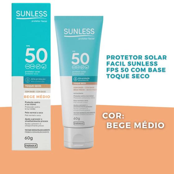 Protetor solar facial fps 50 sunless com base bege médio toque seco 60g ...