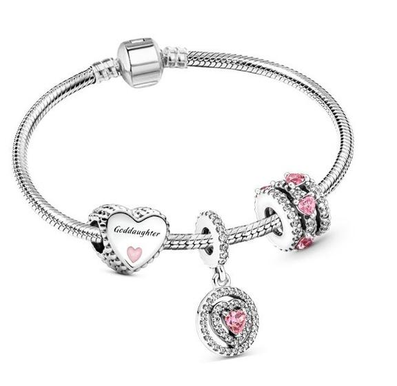 Pulseira Estilo Pandora com Berloques Prateado. Coração Rosa. - JMH ...