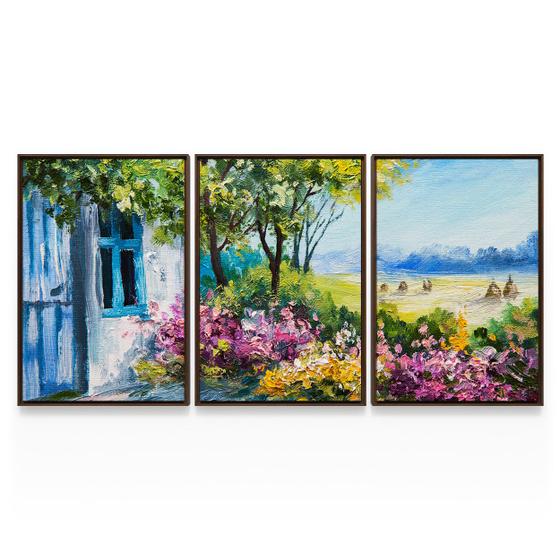 Quadro Efeito Pintura Paisagem No Campo Florido Moderno Mosaico 3 Telas ...