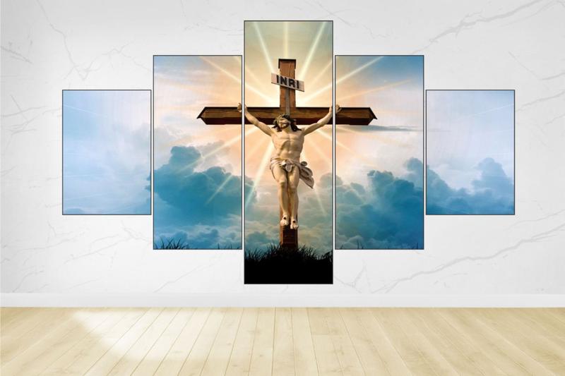 Quadro religioso 5 peças Jesus Cristo na cruz - Apollo Quadros - Quadro ...