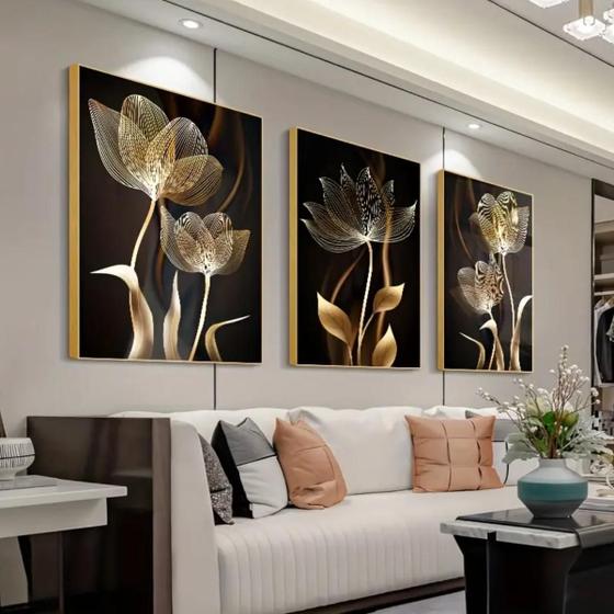 Quadros Decorativos Parede Arte Flores Preto e Douradas Luxo Para ...