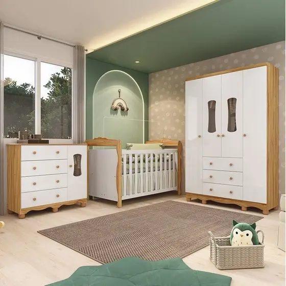 Quarto de Bebê Completo Berço 3 em 1, Guarda-roupa 4 Portas e Cômoda ...
