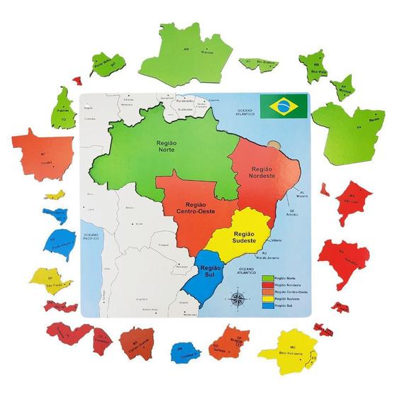 Quebra Cabeça Educativo Mapa Do Brasil Regiões Estados Mdf - Brinqmutti ...