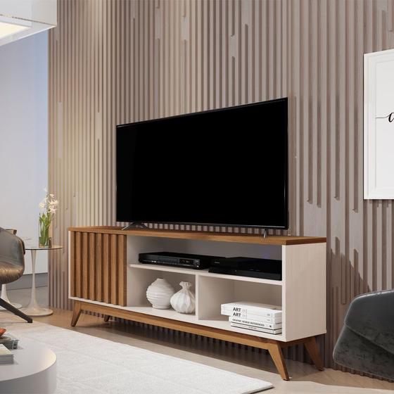 Rack Bancada 1.36m 1 Porta para TVs Até 55 Polegadas - Malbec Wood Ripado - Off White/Freijo ...