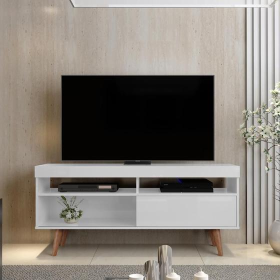 Rack Bancada Estilo Retrô Tv Até 55 Polegada Nicho e Porta de Correr Sala Compacta Samba -Branco ...