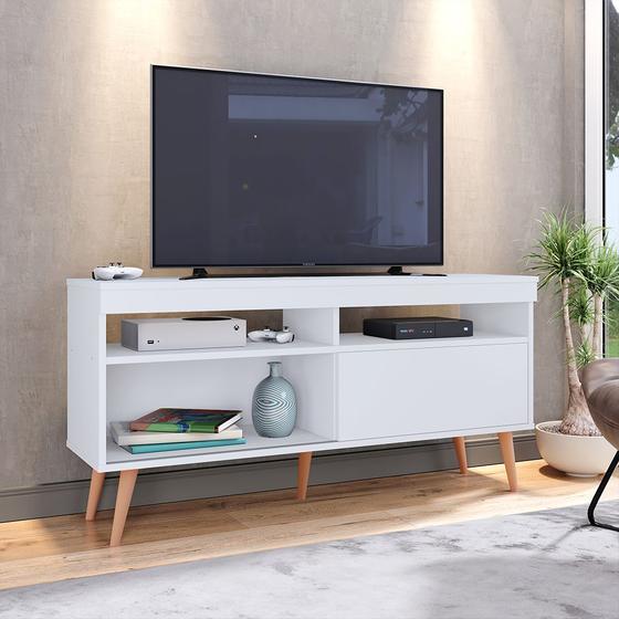 Rack Bancada Estilo Retrô Tv Até 55 Polegada Nicho e Porta de Correr Sala Compacta Samba -Branco ...