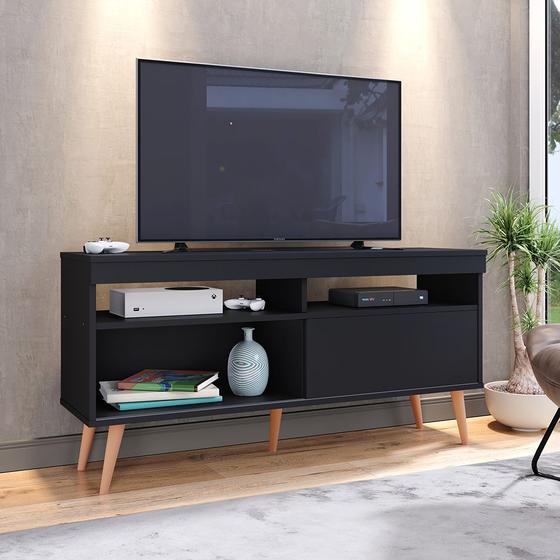 Rack Bancada Estilo Retrô Tv Até 55 Polegada Nicho e Porta de Correr Sala Compacta Samba -Preto ...