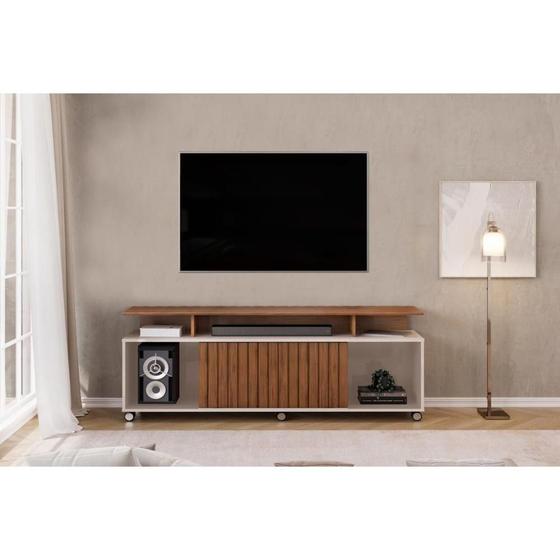 Rack Bancada p/ TV até 60 Polegadas Tomy Ripado c/ Prateleira Nichos e Rodizios 150x60cm Freijó ...
