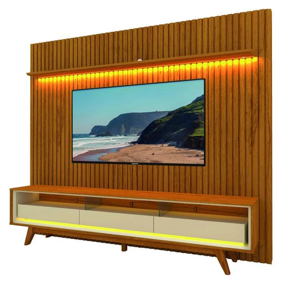 Rack Bancada Requinte Com Painel Ripado Para TV Até 90 Polegadas LED Nobre Madeirado/Off White ...